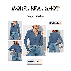 Ladybranch Women's Zip Crop Top Long Sleeve Lightweight Workout Sports Running Athletic Fitted Activewear(Medium,Bluish Grey)