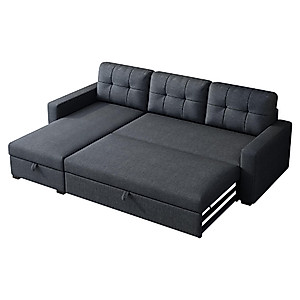 Acosure Pull Out Sofa Bed with Storage Chaise,L-Shape Sectional Corner Couch W/ 3 Back Cushions,Upholstered Convertible Sleeper for Apartment Dorm Living Room,Dark Gray