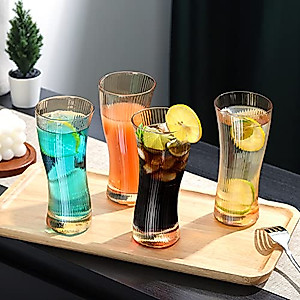 Joeyan Water Juice Cocktail Drinking Glasses Cups,Origami Style Glassware,Ripple Highball Glass,Modern Ribbed Tumblers for Iced Tea Coffee Beverages Wine Beer,Hand Made,13.5 oz,Set of 4,Amber