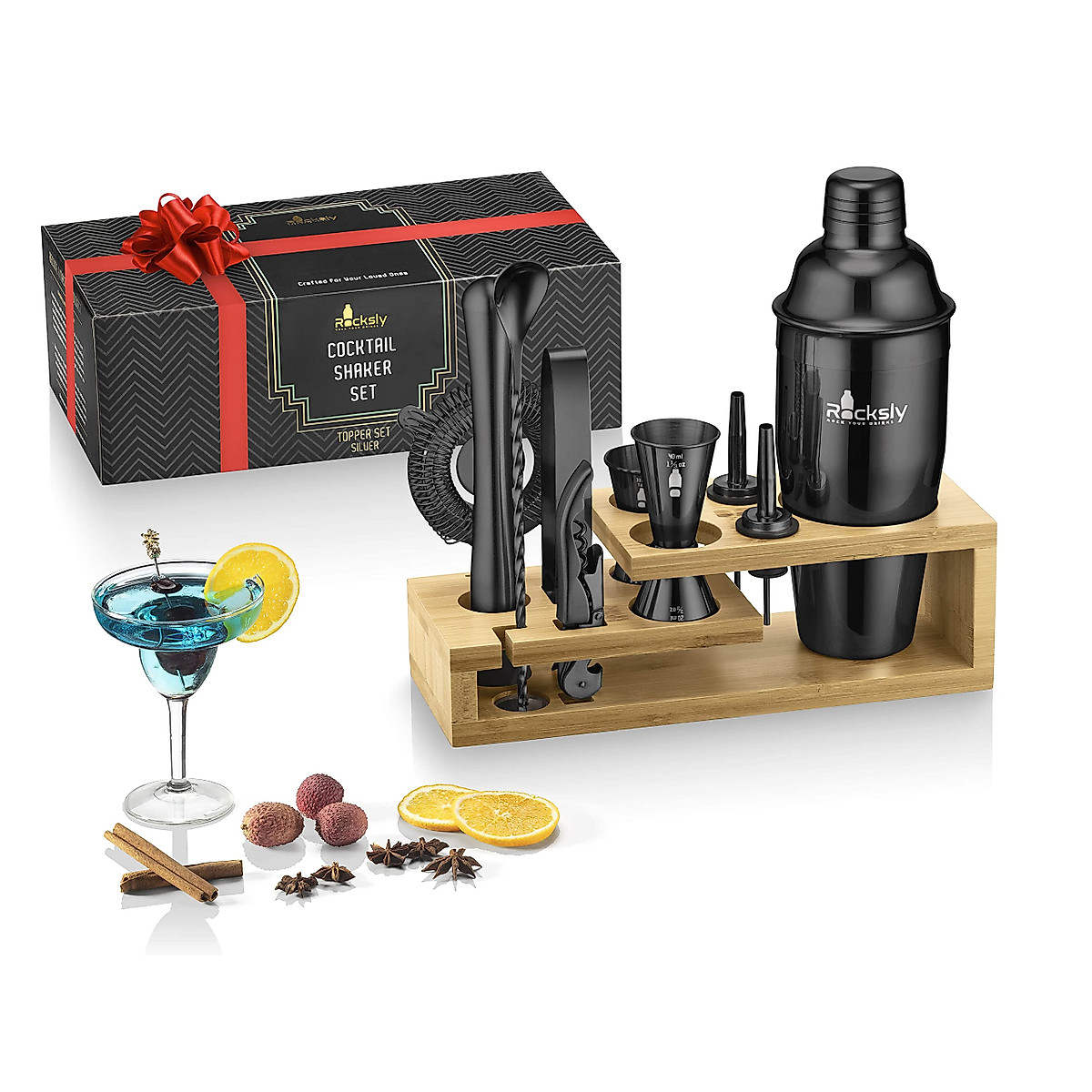 ROCKSLY Mixology Bartender Kit and Cocktail Shaker Set for Drink Mixing | Mixology Set with 10 Bar Set Tools and Bamboo Stand Makes It The Perfect Home Cocktail Kit | Complete Bartender Kit (Black)