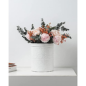 FUN ELEMENTS Kitchen Utensil Holder, 7.2" Super Large Utensil Crock Heavy and Stable Lace Emboss Ceramic Utensil Holder for Kitchen Counter (Bright White)