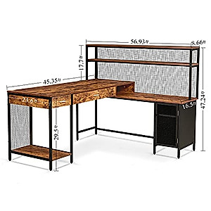 HEAO L-Shaped Desk with 2 Drawers and Cabinet, Industrial Style Home Office Desk W/Storage Shelves,Corner Desk Double Computer Table Space-Saving (Light Brown)