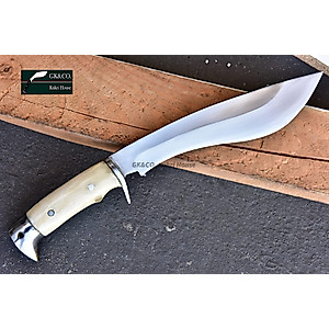 GK&CO. Kukri House Authentic Kukri/khukuri-9 Inch Bahadur Hunter Knife-Carbon Steel Made White Bone Full Tang Handle White Leather Sheath (14" Overall Length)- Handmade from Nepal
