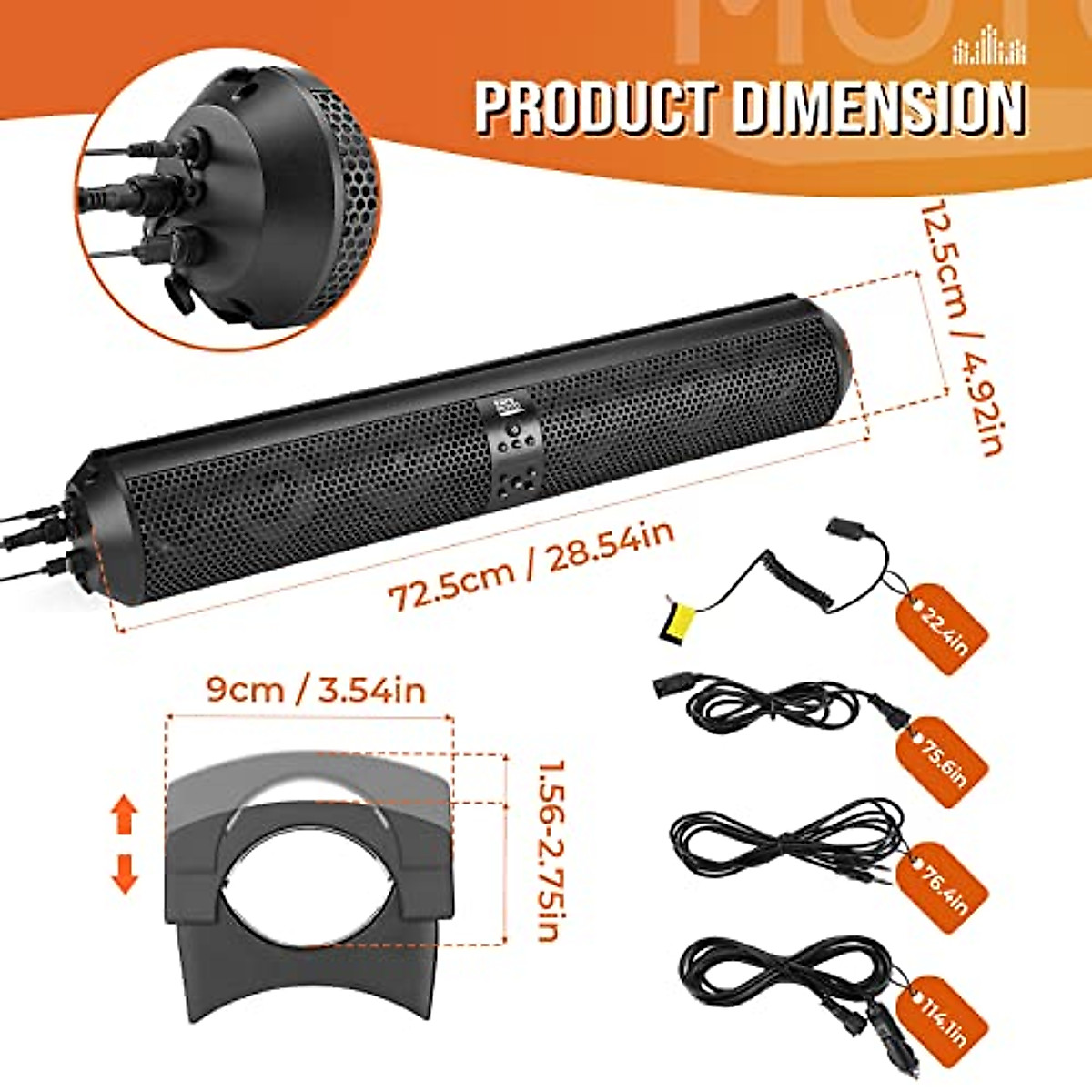 kemimoto UTV Soundbar SXS Sound Bar X3 Speaker- 28 Inches Wide, IPX5 Waterproof, Bluetooth Compatible, Amplified, USB, AUX Input, 4X Speakers, 2X Tweeters Adapt to 1.56"-2.25" Roll Bar