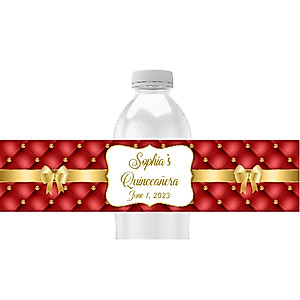 Personalized Water Bottle Labels, Birthday Party Favors, Pack of 25 Peel and Stick Waterproof Wrappers (Red)