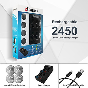 CT-ENERGY Rechargeable CR2450 Batteries 4 Pack with Coin Button Battery Charger,3.7V Rechargeable Lir2450 Battery 120mAh