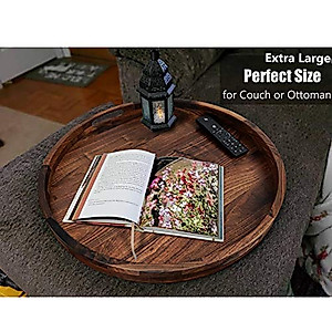 MAGIGO 22 Inches Extra Large Round Black Walnut Wood Ottoman Tray with Handles, Serve Tea, Coffee or Breakfast in Bed, Classic Circular Wooden Decorative Serving Tray