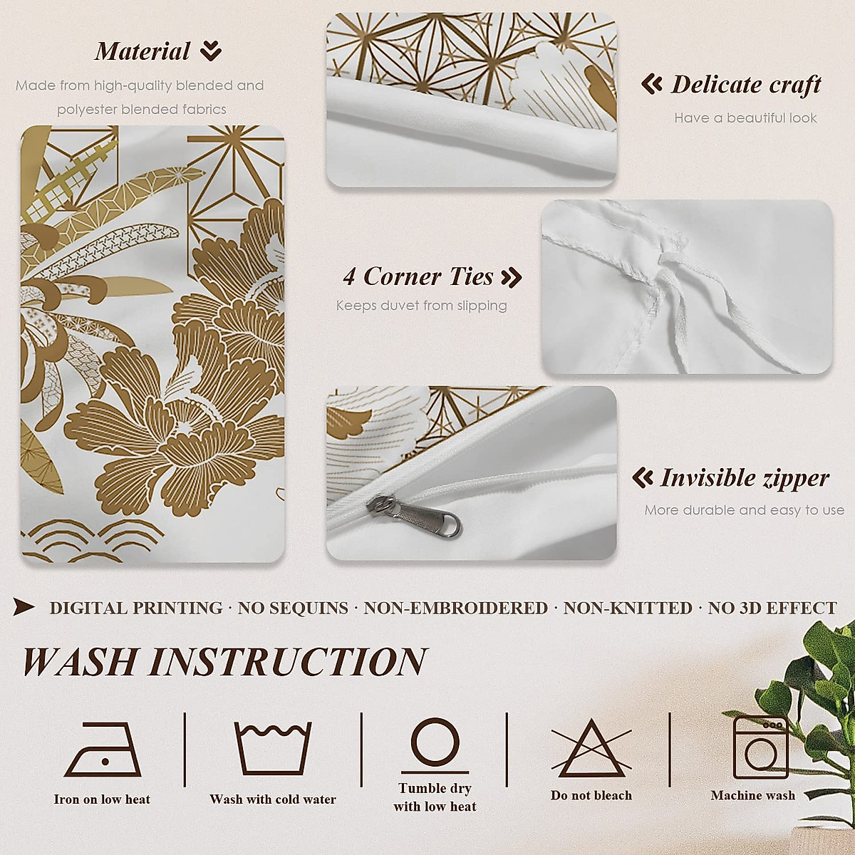 Shrahala Gold Japanese Floral Duvet Cover Set Queen Size, Spring 3 Pieces Soft Brushed 100% Cotton Duvet Covers with Button Closure, 1 Duvet Cover 90x90 inches and 2 Pillow Shams