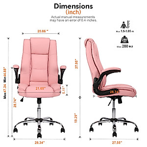 Ergonomic Executive Office Chairs, High Back Leather Office Desk Chairs with Flip up Arms and Height Adjustment, Home Office Computer Task Desk Chair Swivel Home Comfort Chairs (Pink)