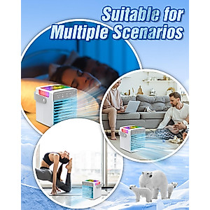 Portable Air Conditioners, 3 Wind Speeds & 7 LED Lights Evaporative Personal Air Cooler, 4 in 1 Portable AC with 300ml Large Water Tank, Mini Air Conditioner for Bedroom/Car/Home/Camping/Room
