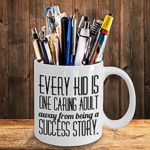 Teacher Mug (15 oz) Every Kid Is One Caring Adult Away From Being a Success Story Mugs With Quotes by Vitazi Kitchenware, Ceramic Coffee Cup - Gift for Coaches, Teachers, Social Workers (White)