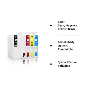 Deamos Sublimation Ink Cartridges, Empty Refillable Ink Cartridges Compatible for WF7620 WF-7610 WF-7210 WF-7110 WF-7710 WF-7720 WF-3620 WF-3640 Printers, 4Pcs Reusable Ink Cartridges Kit, Cyan