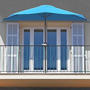 Half Umbrella Outdoor Patio Shade - 9 ft Patio Umbrella with Easy Crank - Small Canopy for Balcony, Table, or Deck by Pure Garden (Brilliant Blue)