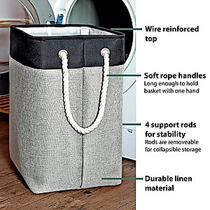 Sursay Products 2 Pack Sturdy Laundry Basket Clothes Hamper for Bathroom, Freestanding Collapsible Fabric Canvas Storage Organizer with Support Rods & Rope Handles Gray