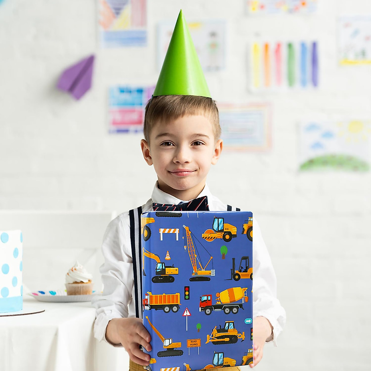 Birthday Wrapping Paper Construction Design 6 Sheets,Road Under Construction Excavator Tractor Dump Truck Wrapping Paper for Kids Boys,Folded Flat 20x28 inches per Sheet for Birthday Baby Showers