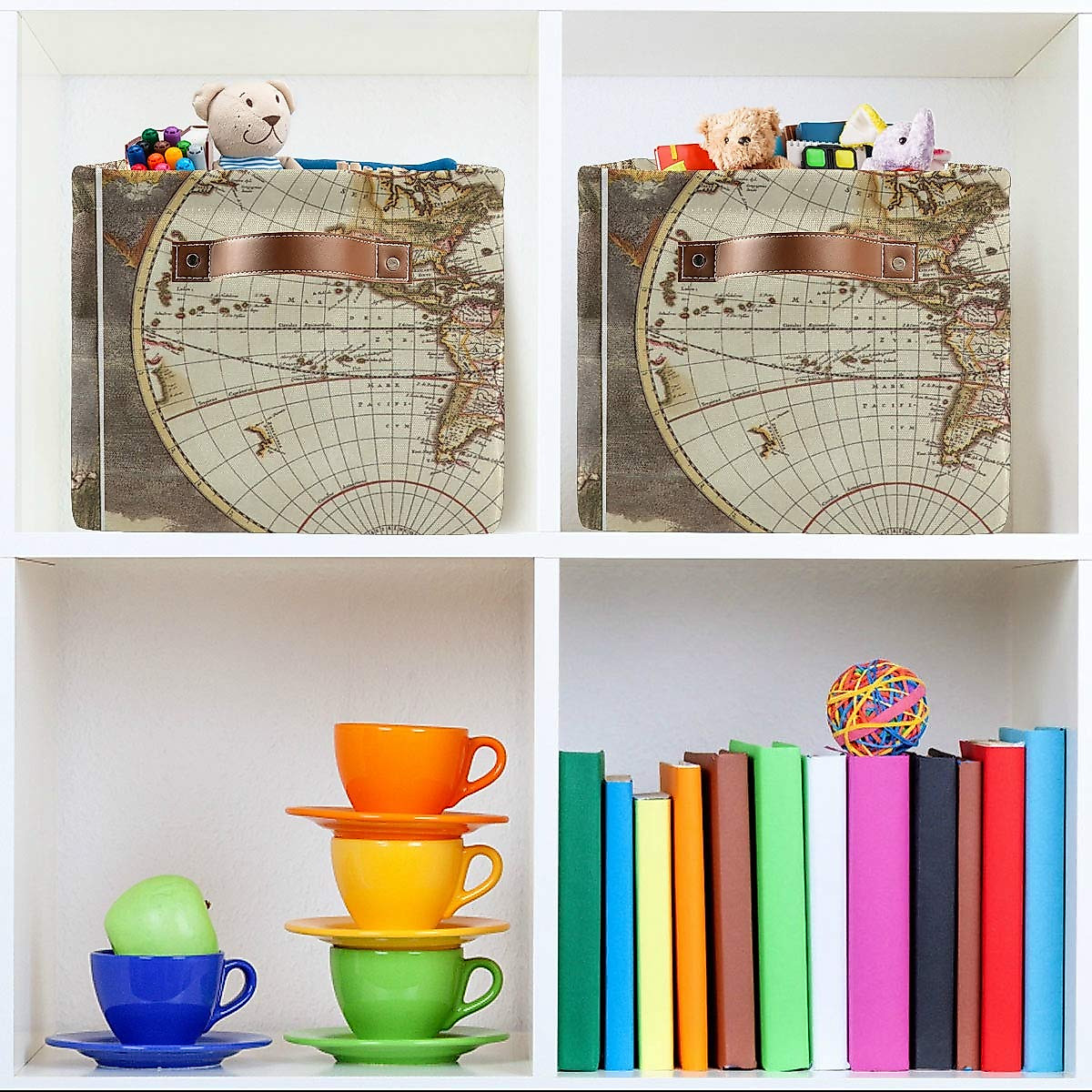 AUUXVA Globe Travel World Map Storage Basket Collapsible Cloth Storage Cube Basket Bins Organizer with Handles Rectangular Large Toys Shelf Closet for Nursery Bedroom Home Office