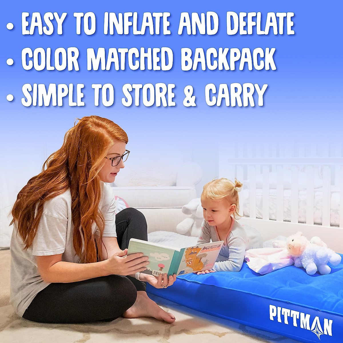 Pittman Outdoors Twin Kid's Air Mattress with Portable Battery Powered Air Pump with Fun Travel Backpack, Blue (PPI-BLU_KIDMAT)