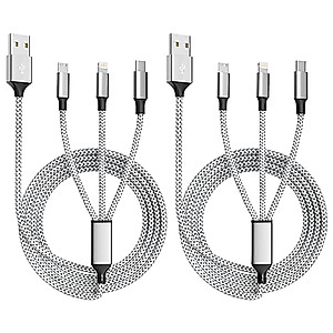 Multi Charging Cable, (2 Pack 4FT) Multi USB Charger Cable 3 in 1 Charging Cable Nylon Braided Fast Charging Cord with Type-C, Micro USB, Lightning, IP Port for Most Phones/iPads/iPhones/Tablets