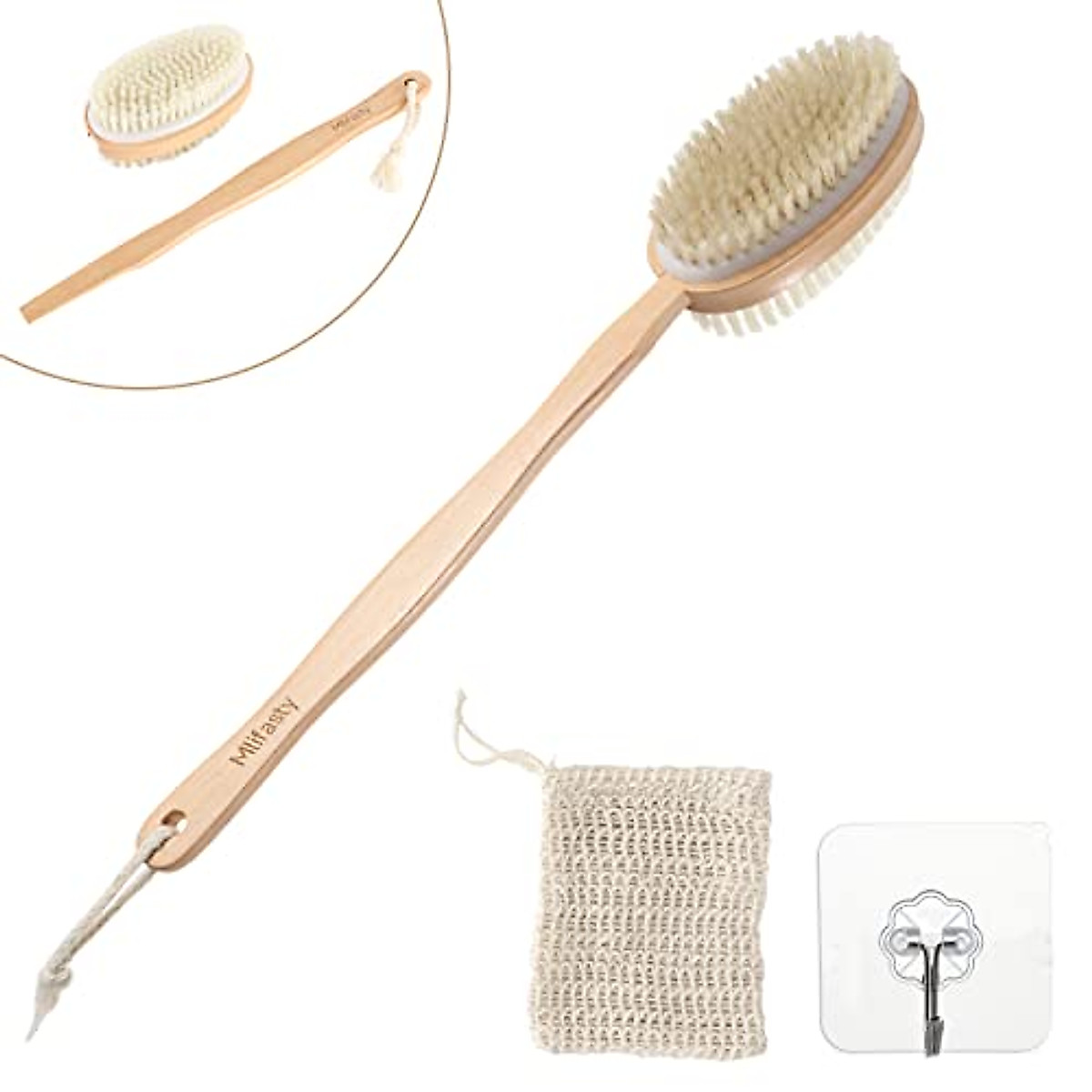 Detachable Dual-Sided Long Handle Shower Bath Brush with Soft and Stiff Bristles Back Scrubber Body Exfoliator Dry Brush Mlifasty