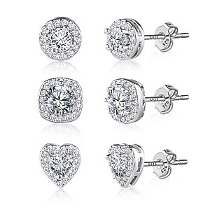 ALEXCRAFT Sterling Silver Halo Stud Earrings for Women Cubic Zirconia Round Heart Square Diamond Large Silver Stud Set 3 Pairs
