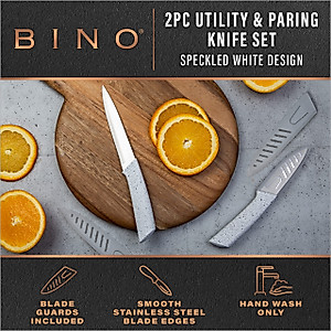 BINO 2-Piece Stainless Steel Paring Knife & Utility Knife with Blade Guards Set - Speckled White | Sharp Knife Set with Good Grip | Cooking Knives | Peeling & Cutting Fruits & Vegetables | Meal Prep