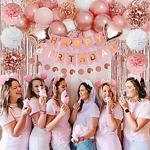 Rose Gold Birthday Party Decorations Kit for Women Girls, Foil Confetti Rose Gold Balloon Pink Happy Birthday Banner Fringe Curtains Butterfly Decor Circle Dots Tassels Pom Supplies 30th 40th 50th Her