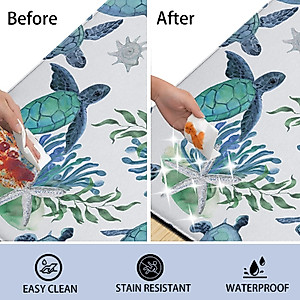 Tritard Coastal Beach Kitchen Rugs Mats Set of 2 Cushioned Anti Fatigue Kitchen Floor Mat 0.4 Inch Sea Turtles Non Slip Waterproof Kitchen Rug PVC Leather Comfort Mats for Kitchen, Blue, 17x28+17x47