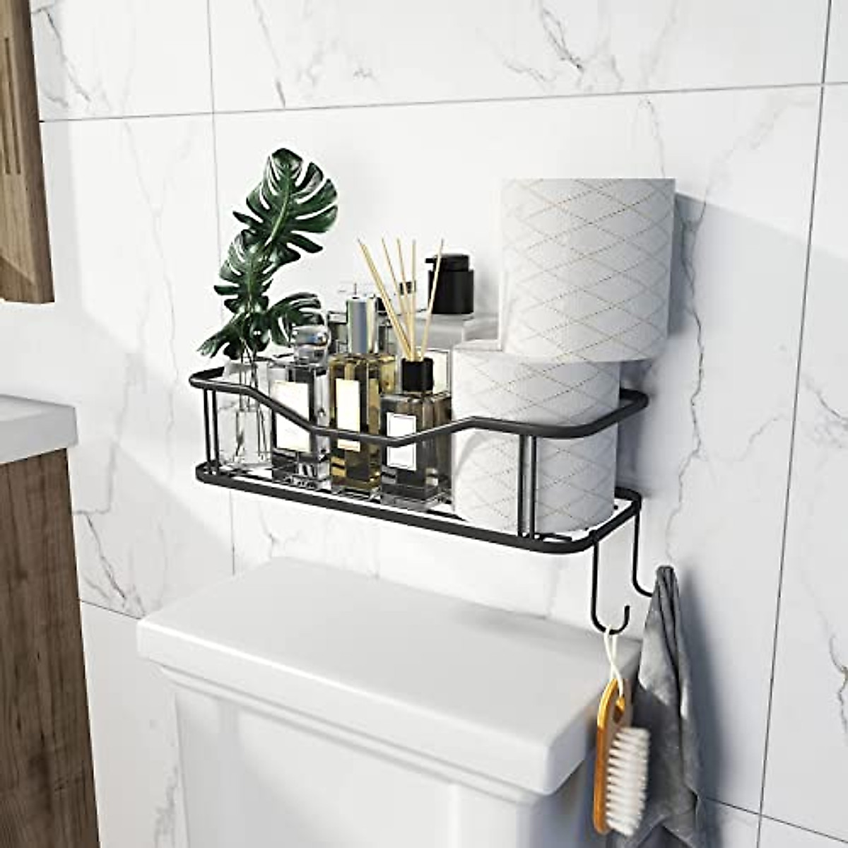 MXARLTR Adhesive Shower Caddy Shower Shelves, Shower Shelf for Inside Shower, No Drilling Wall Mounted Shower Basket Shelf with 3 Hooks, Kitchen Spice Rack Bathroom Shower Organizer 3 Pack, Black