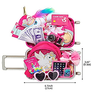 UNICORN ELEMENT 15Pcs 18 Inch Girl Doll Clothes and Accessories, Travel Suitcase with Unicorn Luggage Play Set Including Suitcase, Schoolbag, U-Shaped Pillow, Glasses, Camera, etc (Not Doll)