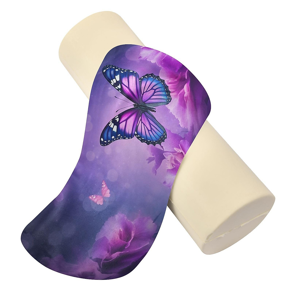 xigua Purple Butterfly Neck Roll Pillow for Neck Relief with Removable Washable Cover - Memory Foam Round Cylinder Bolster, Ergonomically Designed for Head, Neck, Back, and Legs