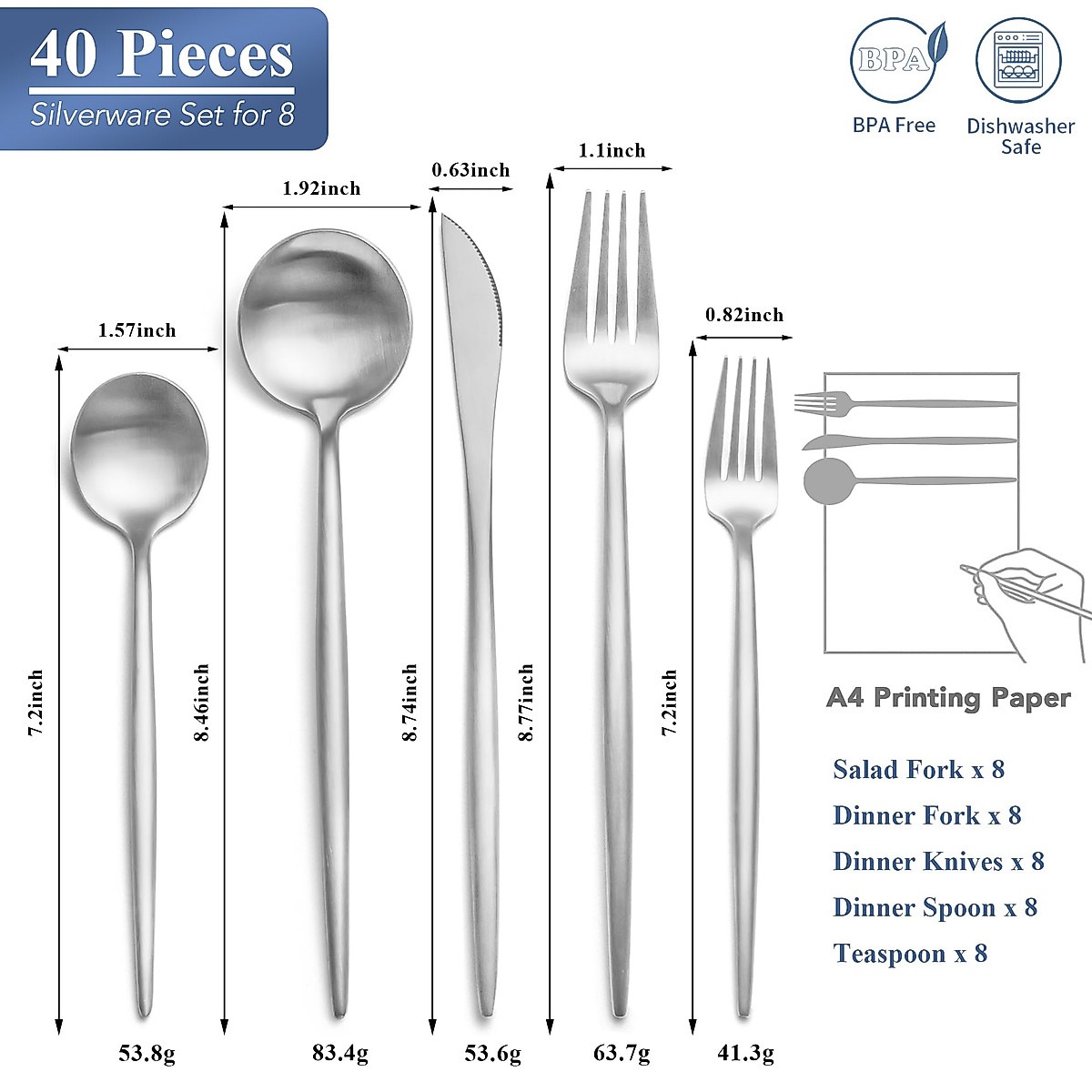 40 Piece Silverware Set Service for 8, EIUBUIE Premium Stainless Steel Cutlery Set, Matte Finish Unique Flatware Sets, Modern Kitchen Tableware Eating Utensil Sets Include Spoons Forks Knives