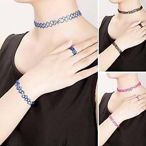 BodyJ4You 30PC Choker Henna Tattoo Necklace Bracelet Ring Set - Stretchy 90s Accessories Women Girls Kids - Vibrant Rainbow Pink Green Blue Red Clear White - Elastic Adjustable Jewelry