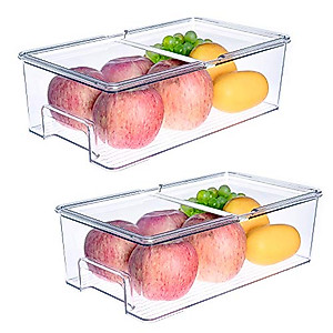 SANNO Vegetable Refrigerator Organizer Food Bins with lids Large Stackable Fridge Clear Organizers Kitchen Cabinet Organizer for Freezer, Kitchen, Countertops, Cabinets Pantry Storage Rack，set of 2