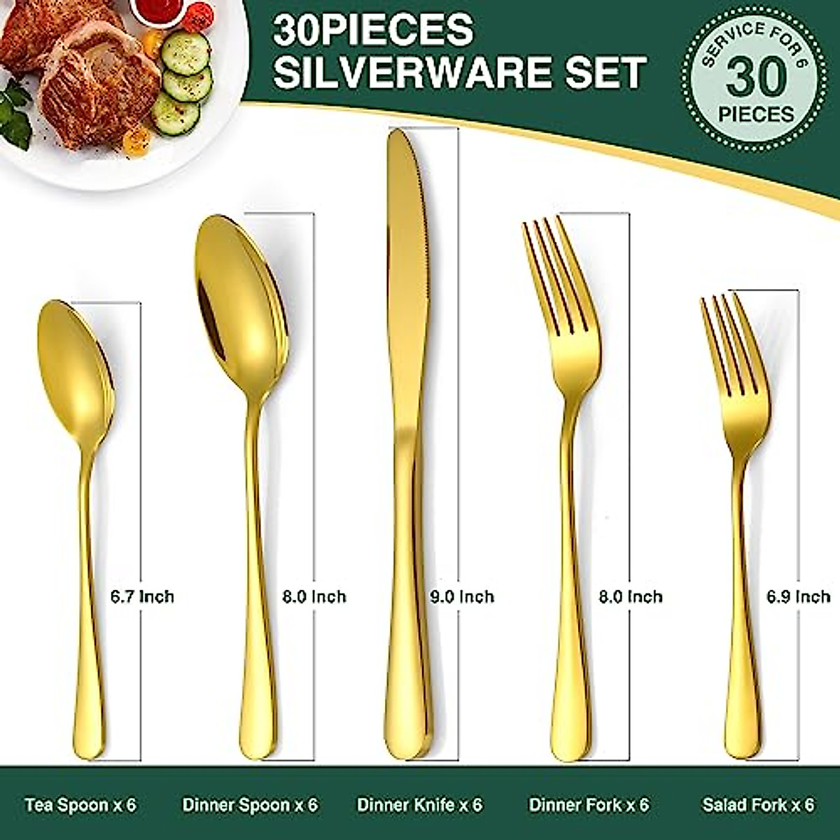 30-Piece Gold Silverware Set, Blingco Gold Flatware Set for 6, Food-Grade Stainless Steel Cutlery Set, Tableware Eating Utensils with Gift Box for Home Restaurant, Mirror Finished, Dishwasher Safe