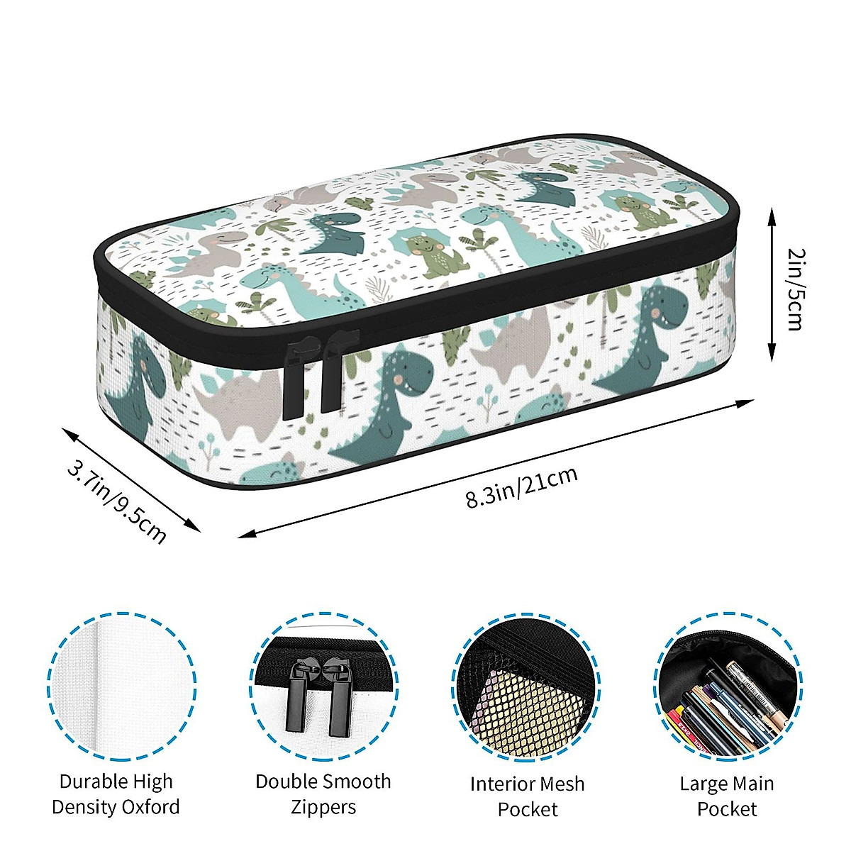 Gocerktr White Dinosaurs Pencil Case Large Capacity Pencil Bag Double Zippers Pen Bag with Compartments Multifunction Makeup Bag for Women