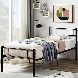 VECELO Twin Platform Bed Frame with Headboard and Footboard, 12'' Under-Bed Storage & Strong Metal Slats Support, No Box Spring Needed
