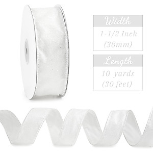 MAYREEL 1.5 Inch White Ribbon Wired Light White Glitter for Christmas Decorations Gift Wrapping Wreath Supplies Tree Toppers Crafts 10 Yards