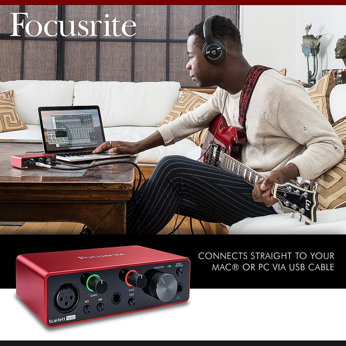 Focusrite Scarlett Solo USB Audio Interface (3nd Generation) + Professional Monitoring Headphones, Cables and Deluxe Accessory Bundle