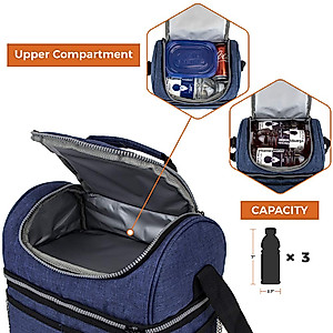OPUX Lunch Box For Men Women, Insulated Large Lunch Bag Adult Work, Double Decker Lunchbox Meal Prep Dual Compartment Leakproof Lunch Cooler, Soft Lunch Pail Tote Boys Girls Kids School, Navy Blue 12L