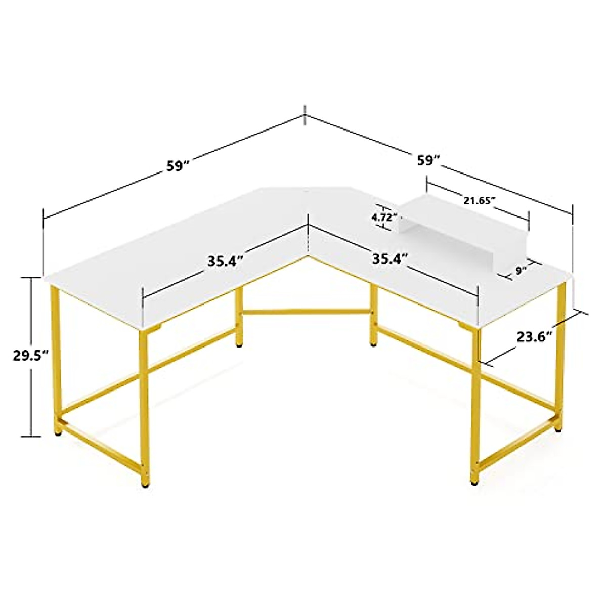 Elephance 59" L Shaped Desk Corner Computer Desk Gaming Table with Monitor Stand Workstation for Home Office (Large, White+ Gold Frame)
