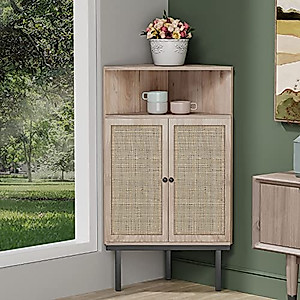 Corner Cabinet with Handmade Decorative Natural Rattan Doors, Corner Shelf Stand, Corner Storage Cabinets, Corner Table, Bathroom Cabinet for Living Room, Kitchen or Bedroom, 4-Tier, Natural