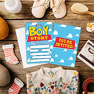 TPYEN It's A Boy Story Baby Shower Invitations, Sky & Cloud Baby Shower Fill-In Invitation Cards With Envelopes - Gender Reveal Party Decorations & Supplies-B15