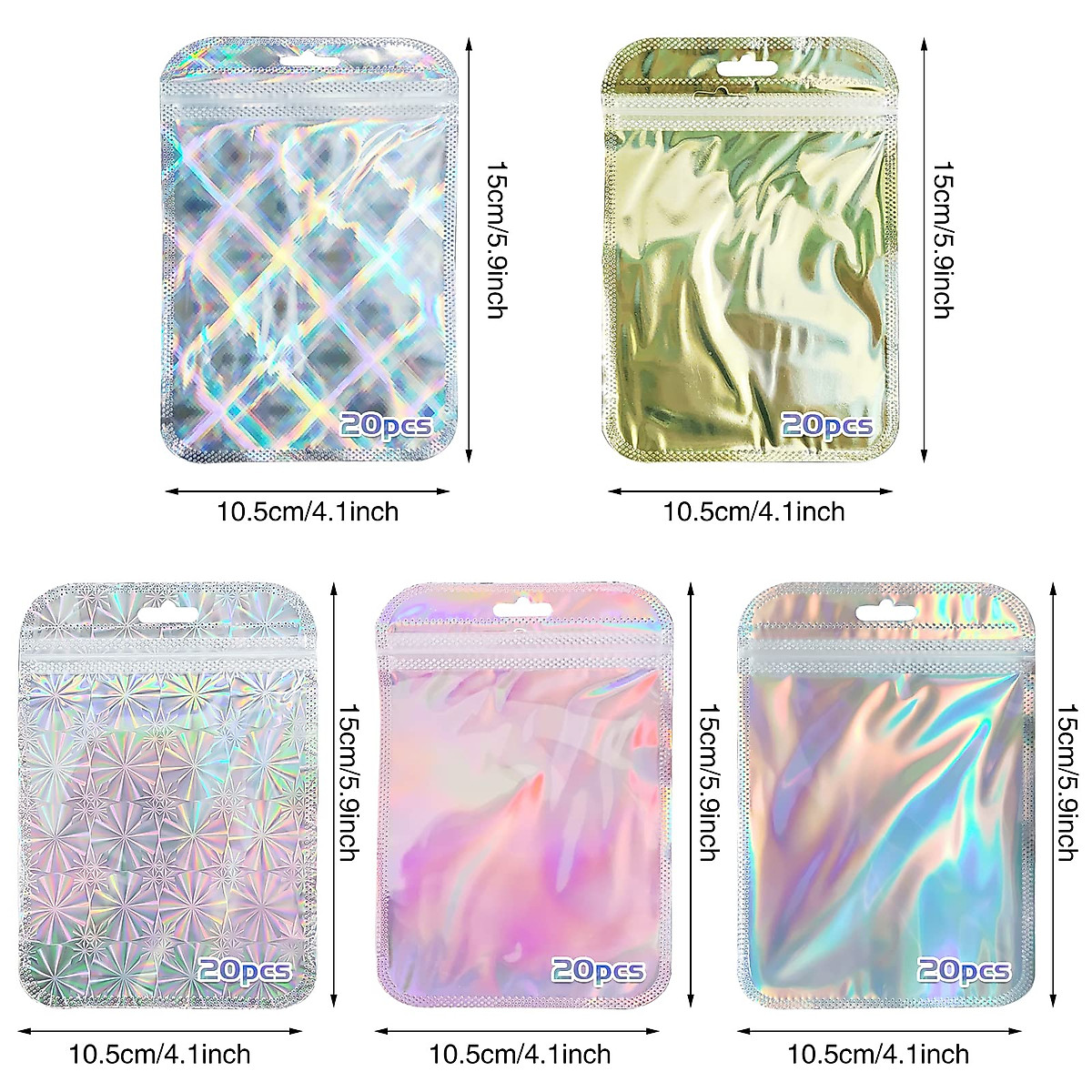 itechpanda 100 PCS Resealable Holographic Zip Lock Mylar Bags, 4 x 5.8 Inch PVC Plastic Self-seal Zipper Waterproof Bags for Jewelry, Samples, Candy, Small Parts & Party Favor Food Storage