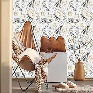 BEETAL Vintage Pale White/Yellow Floral Peony Flowers Rose Grey Leaf Peel and Stick Wallpaper Easy Peel Off Contact Paper Stick on Adhesive Wall Paper for Bathroom Waterproof Renter Friendly