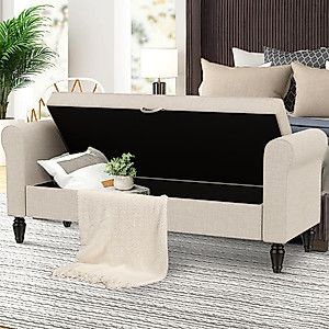 ALISH Modern Storage Bench with Arms, 54“ King Button Tufted Bed Bench Entryway Bench with Storage, Upholstered Bedroom Bench for Living Room Bedroom Light Beige