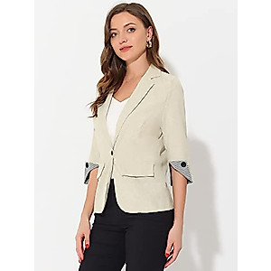 Allegra K Women's Suit Jacket Notched Lapel Collar 3/4 Sleeve Button Front Work Formal Blazer X-Small Beige