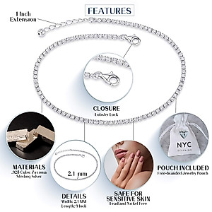 NYC Sterling Women Sterling Silver Cubic Zirconia Anklet Bracelet (Silver)