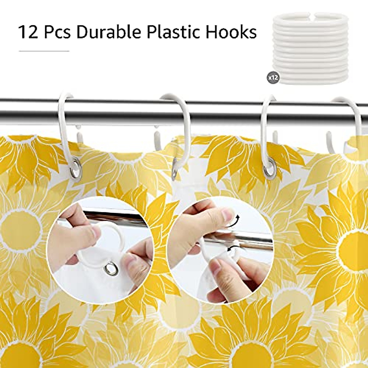 VEGA U Sunflower Fabric Shower Curtain for Bathroom, Botanical Floral Bath Decor with Hooks, Hotel Quality, 72x72 Inch