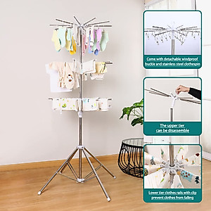 Hershii 3 Tiers Clothes Drying Rack Collapsible Indoor Outdoor Garment Airer Stand Folding Laundry Hanger Organizer Space Saving with Towels Bars and Clothespins, 43.3-66.92inches High