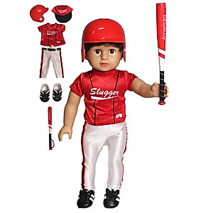 American Fashion World Red Baseball Uniform for 18-Inch Dolls | Accessories Included | Premium Quality & Trendy Design | Dolls Clothes | Outfit Fashions for Dolls for Popular Brands